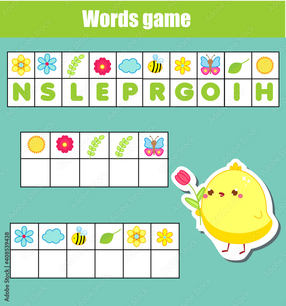 Educational game for children. Word puzzle kids activity. Spring theme ...