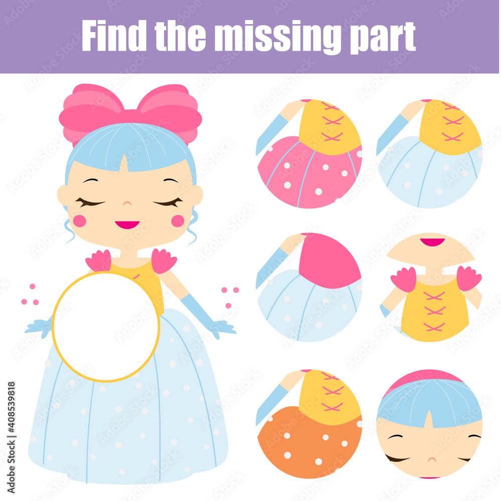 Cute princess puzzle for toddlers. Find missing part of picture ...