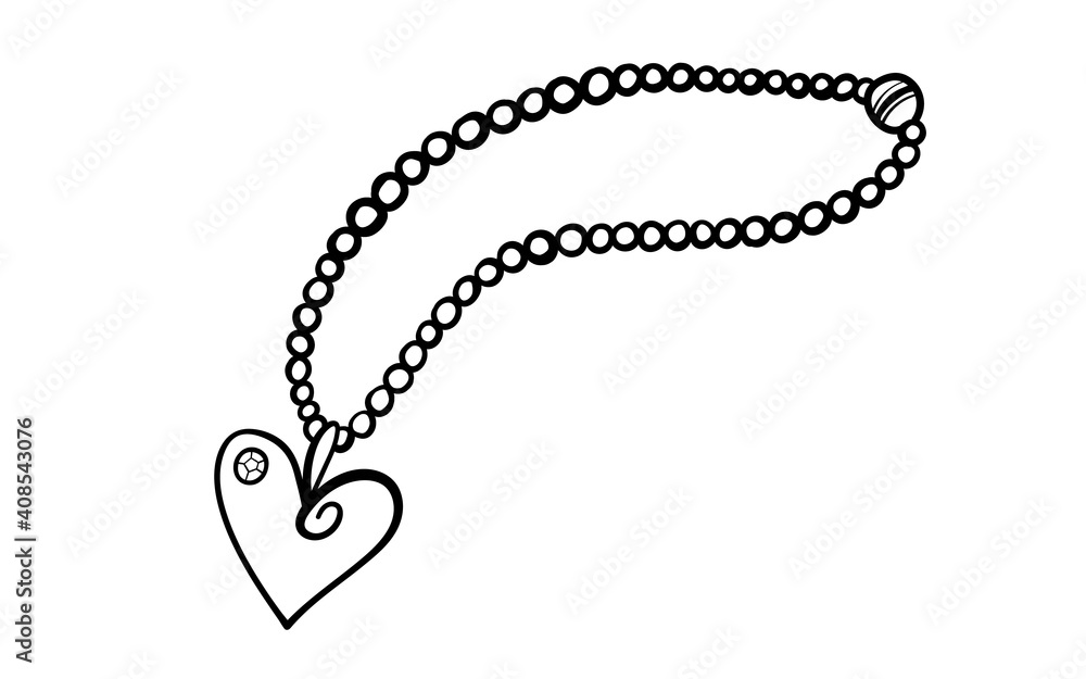 Pearl necklace with heart shaped pendant in doodle style. Hand drawn ...