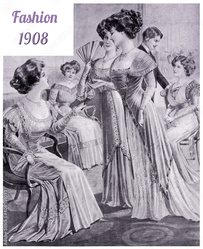 Ladies Fashion 1908, long and elegant lines with corset to achieve a ...