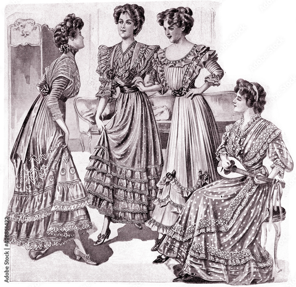 Ladies Fashion 1908, long and elegant lines with corset to achieve a ...