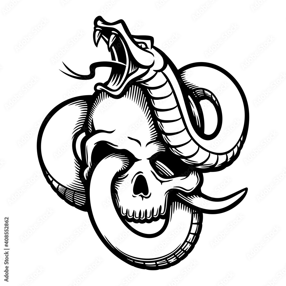 Vetor de Snake entwined with human skull template in vintage monochrome ...