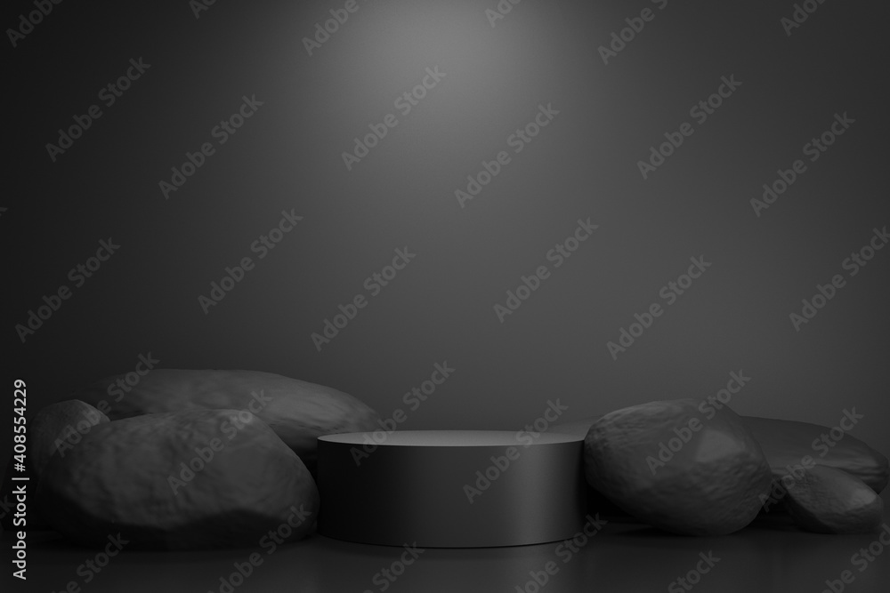 Dark black rock 3d background with geometric shapes, podium on floor ...
