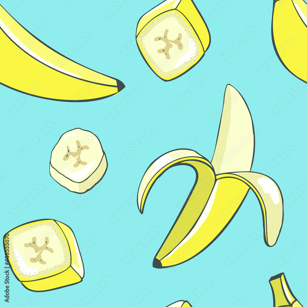 Seamless pattern of a set of vector drawings of different bananas ...