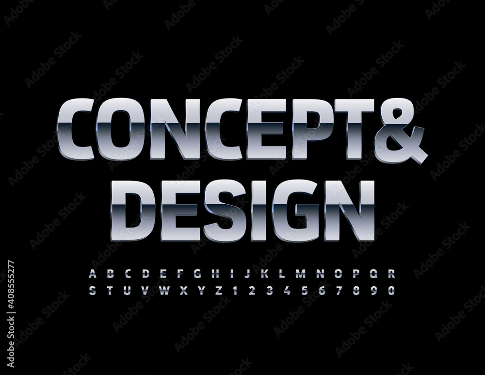 Vector template sign Concept and Design. 3D Metal Font. Chrome Alphabet ...