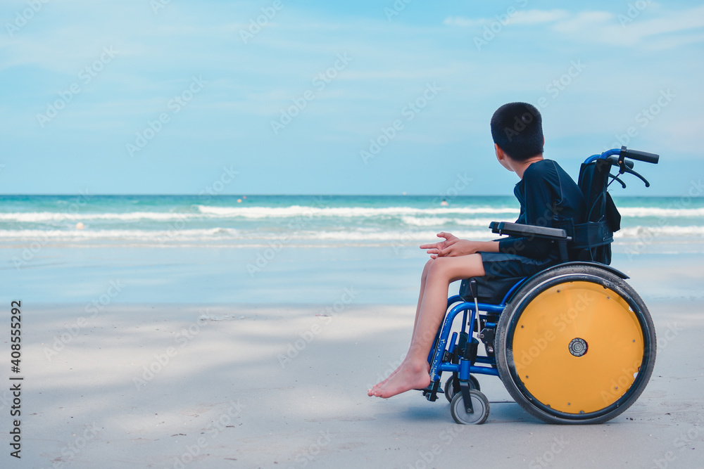 Asian special child on wheelchair playing, doing activity vacation on ...