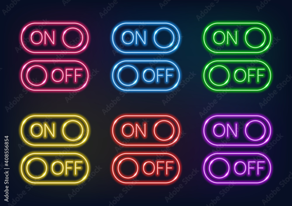 Neon frame. Set of neon color on and off buttons. Laser glowing lines ...