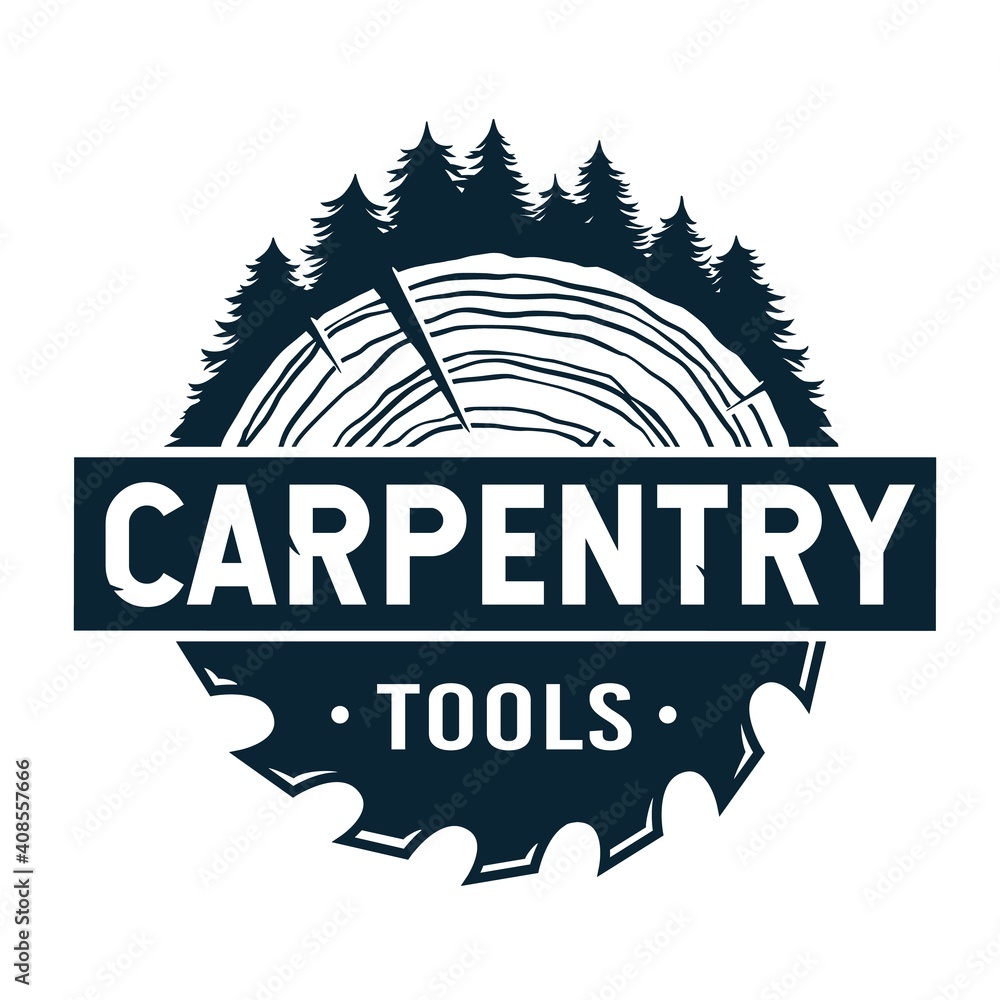 Wood carpentry logo. Saws for slice of tree. Monochrome emblem. Wooden ...