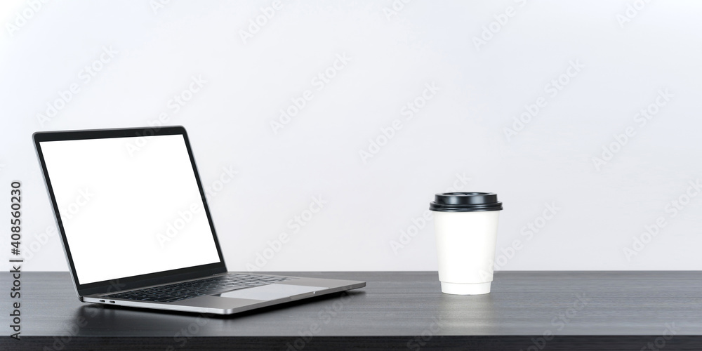 Laptop computer blank white screen on table with paper coffee cup Stock ...