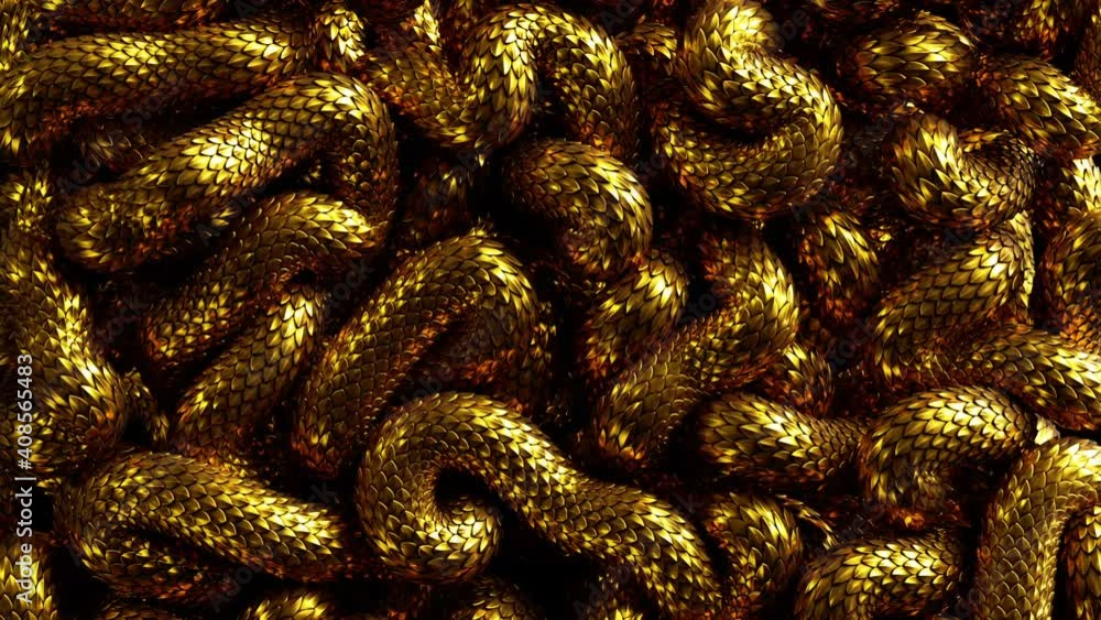 3d abstract background with tangled golden metallic snakes moving ...