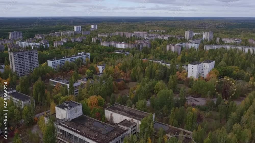 Aerial view of Pripyat town. The ghost town in northern Ukraine after ...