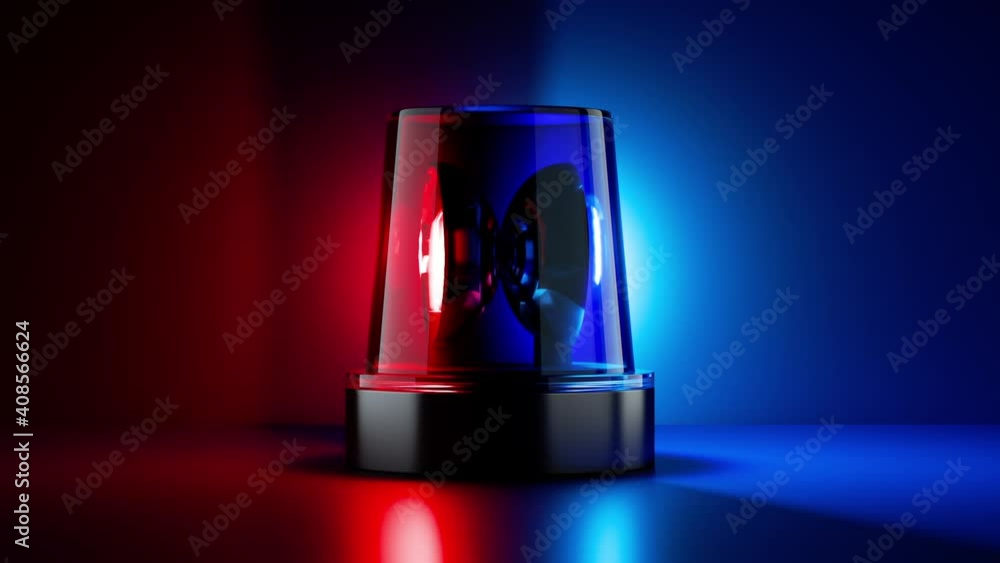 3d render, flashing light rotates and changes colors from blue to red ...