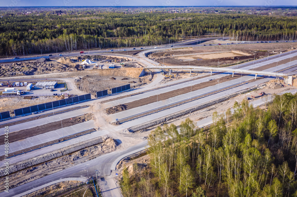 Drone view of building site of A2 highway in Stary Konik village near ...