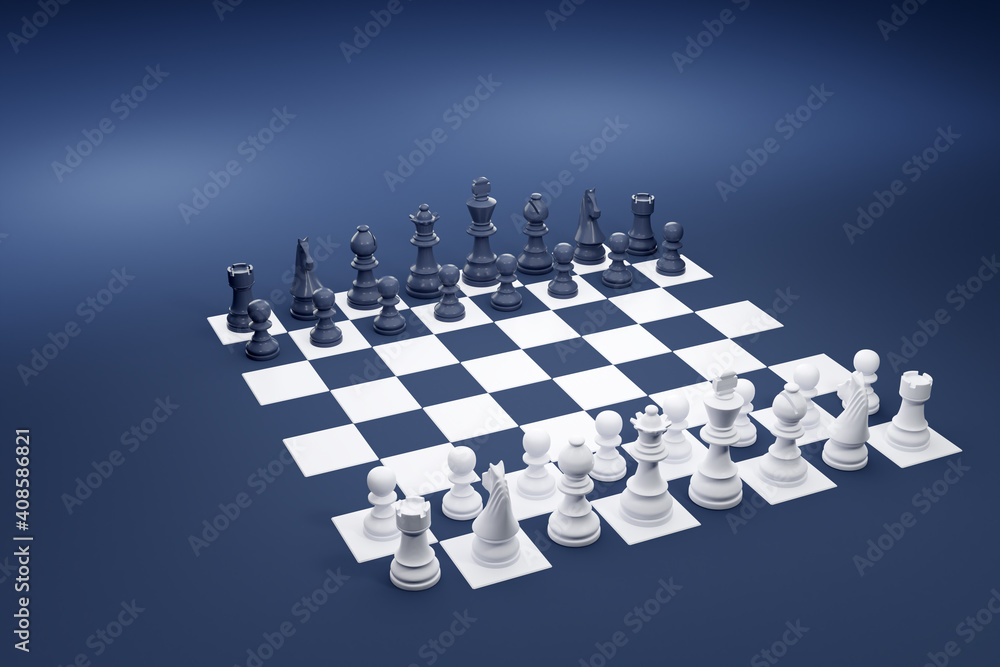 Blue and white chess board blending into blue background color. 3D ...