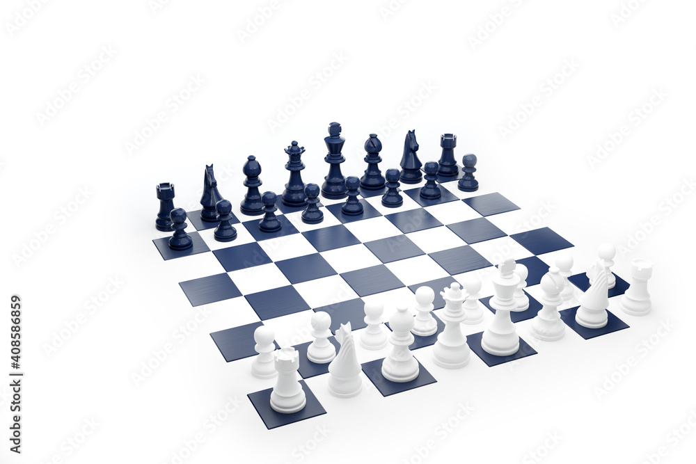Blue and white chess board blending into white background color. 3D ...