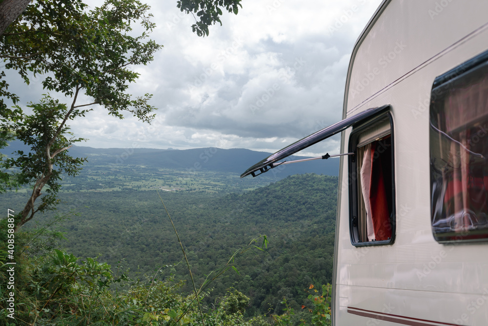 Close up part of camper van or caravan truck with window open parking ...