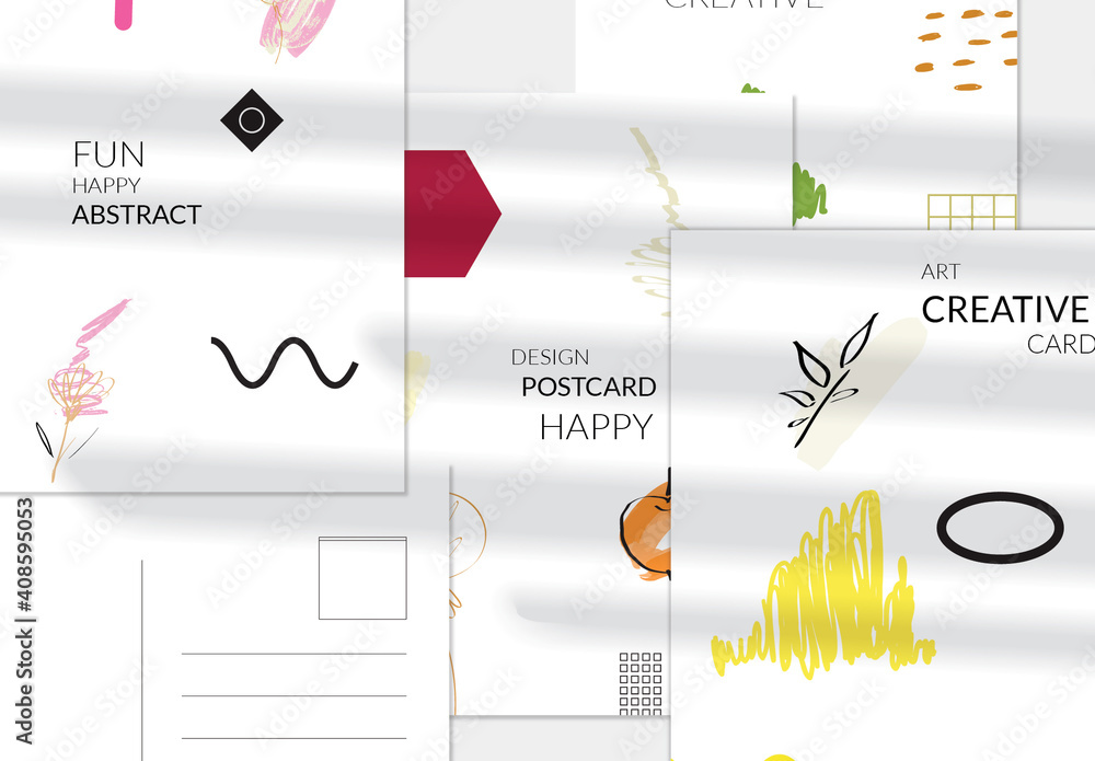 Postcard Layout with Hand Drawn Abstract Floral Doodles and Geometric ...