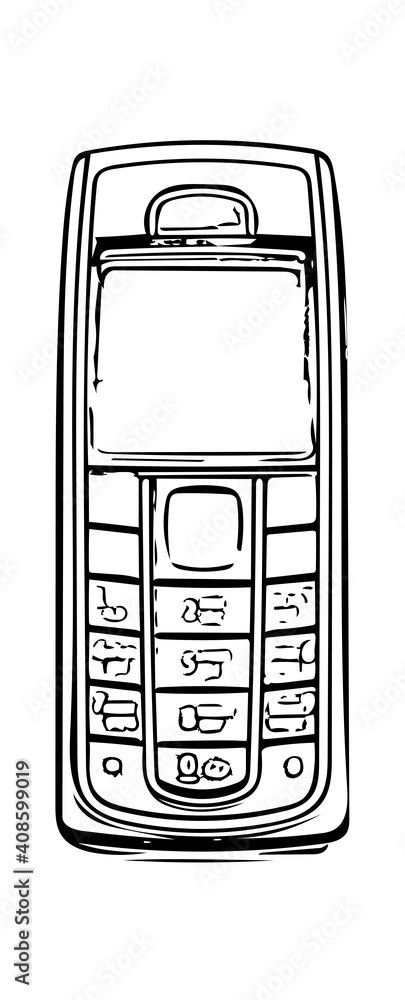 Old classic mobile phone graphic sketch. Monochrome illustration of ...