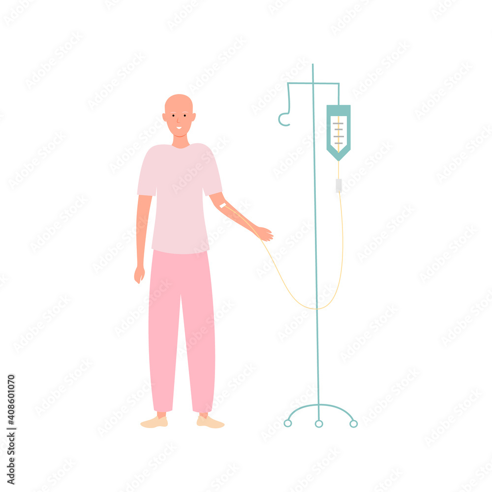 Cartoon poster of a woman receiving chemotherapy. Flat illustrations in ...