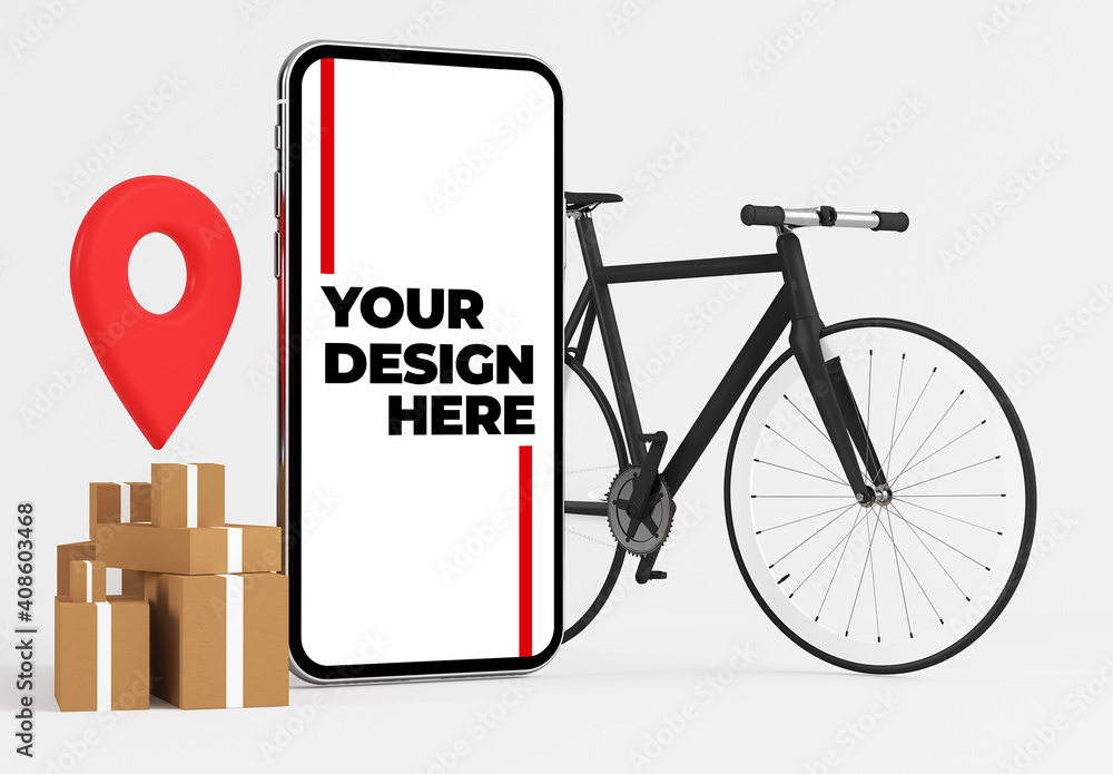 Smartphone Mockup with Delivery Rider Elements Stock Template | Adobe Stock