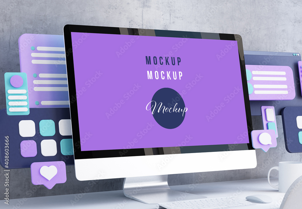 Computer with Interface Elements in Blue and Purple Tones Stock ...