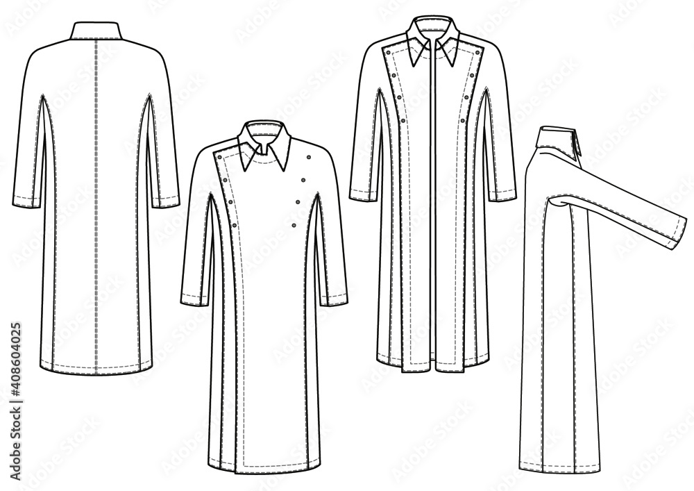 Long MEN'S COAT Double Breasted. Flat Technical Drawing front, back ...