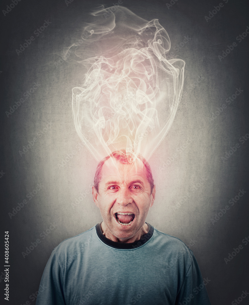 Angry middle aged man screaming and yelling, mind is boiling as dense ...