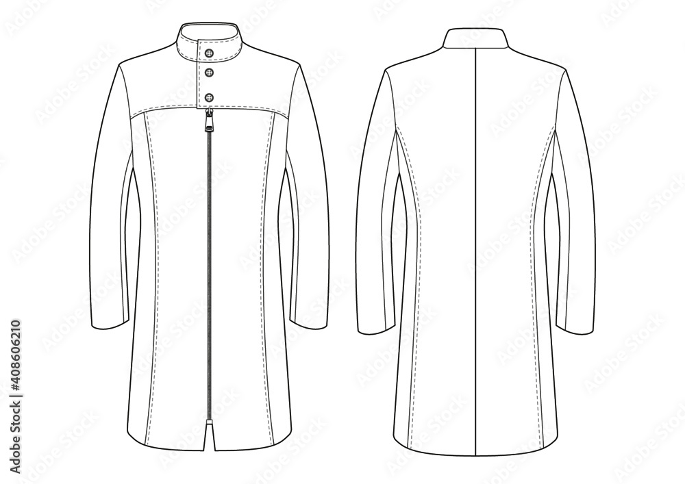 MEN'S COAT with Front Yoke & Zipper. Flat Technical Drawing front and ...