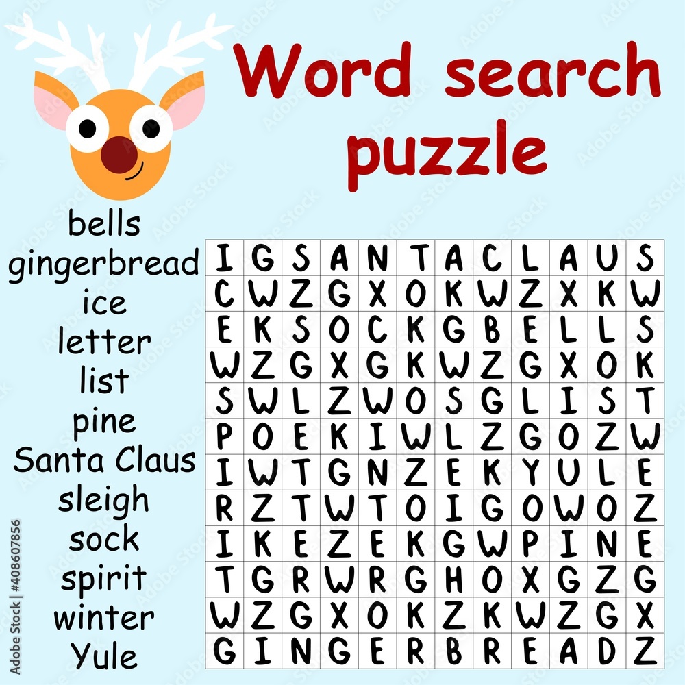 Word search puzzle with funny reindeer stock vector illustration ...