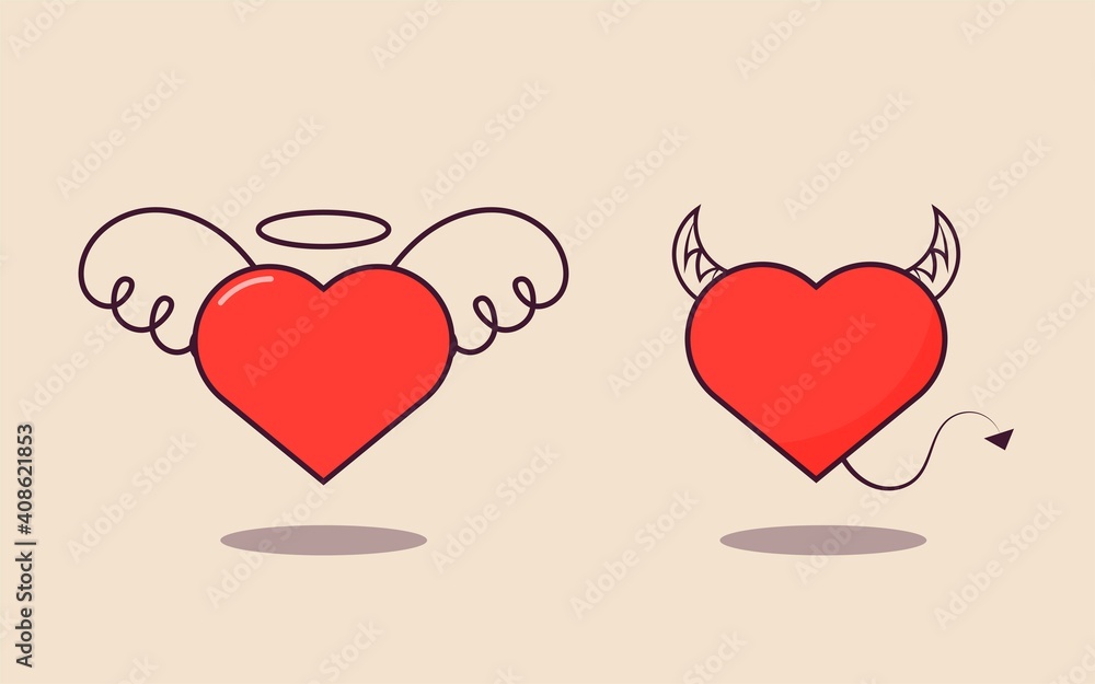 Good and evil concept. Angelic heart with wings and demonic heart with ...