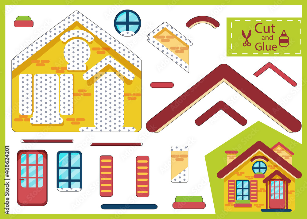 Cut and glue the paper house. Children craft. Kids game worksheet ...
