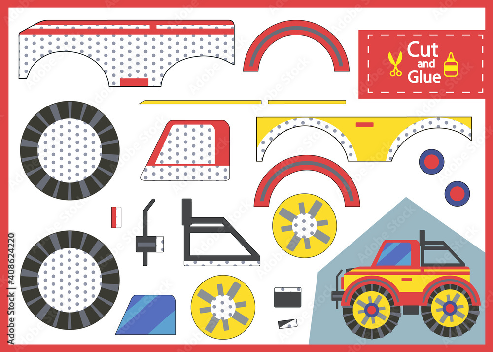 Cut and glue the paper racing car. Children worksheet. Kids art game ...