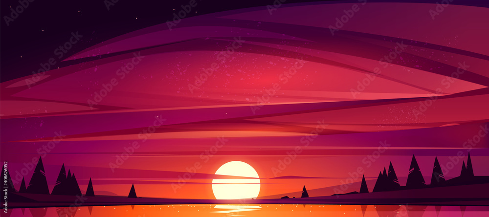 Sunset on lake, red sky with sun going down the pond surrounded with ...