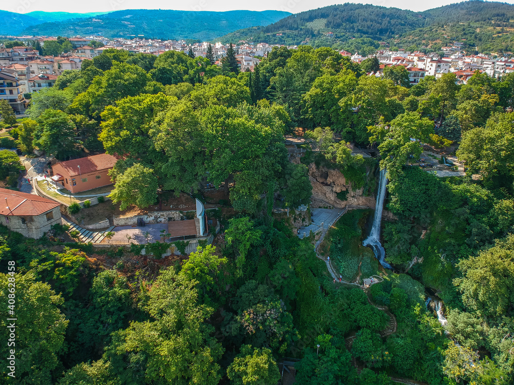 Aerial panoramic view of the powerful waterfalls of Edessa and the ...