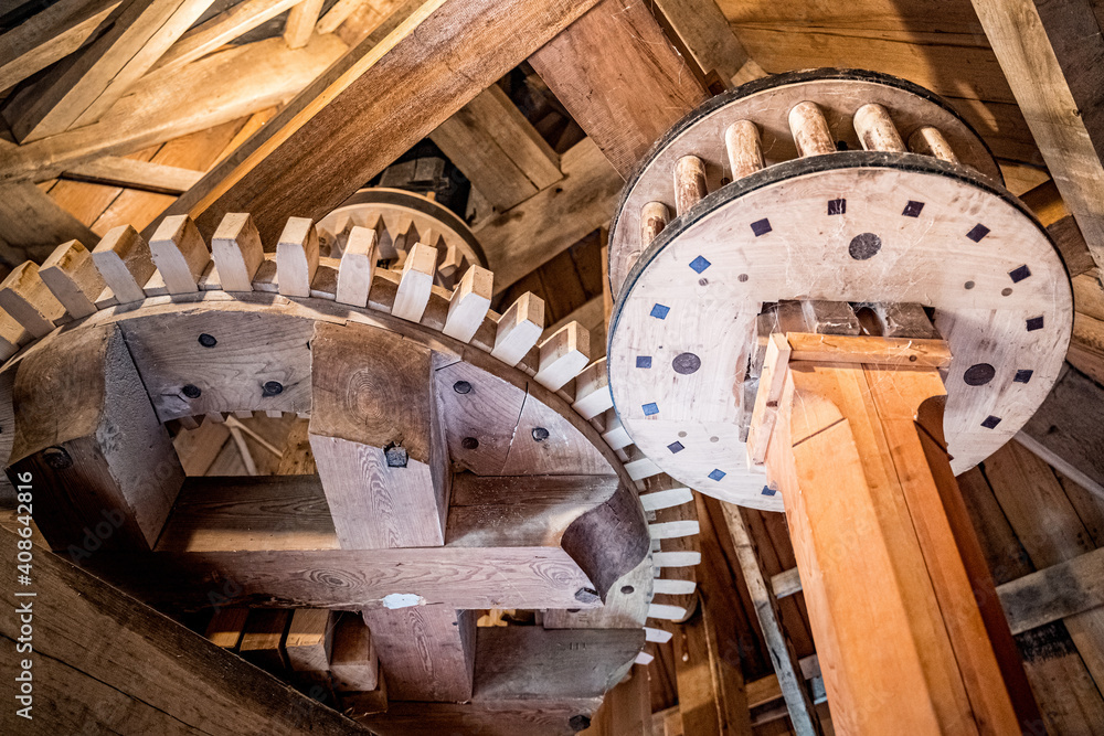Radars and rotating parts of a traditional wooden windmill for grinding ...