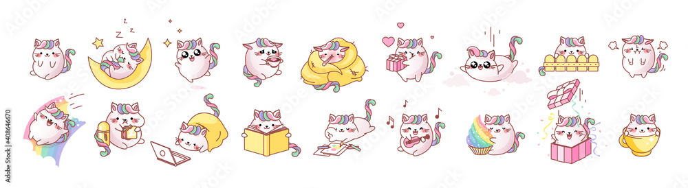 Set kit Cat Kitty kitten kawaii chibi Emoji character sticker emoticon ...