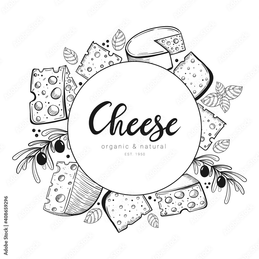 Hand drawn cheese set circle frame with lettering. Sketch style ...