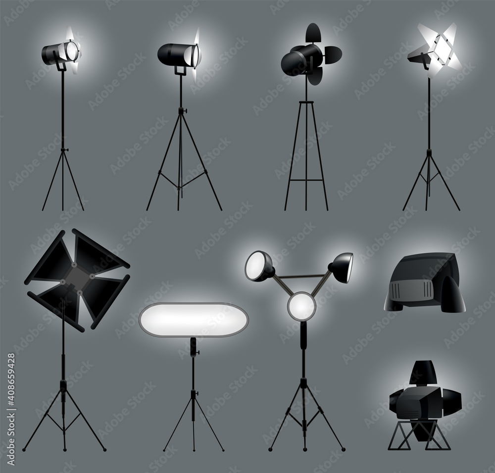 Collection of realistic spotlights with gray background for show ...