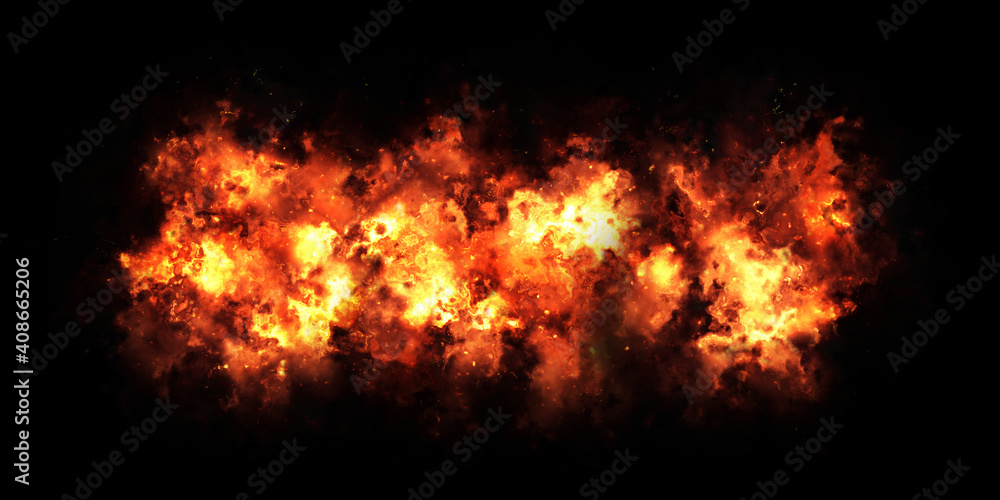 Fire effect with particles , sparkles, flame and light on black ...