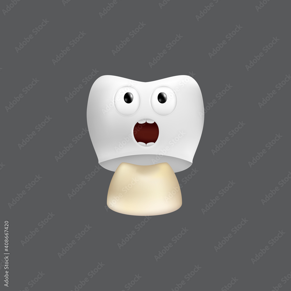 Scared tooth with crown installation. Cute character with facial ...