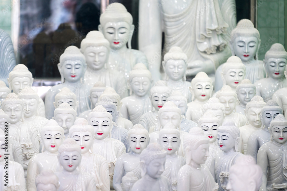 Various Buddha statues on display in shop, Mandalay, Myanmar Stock ...