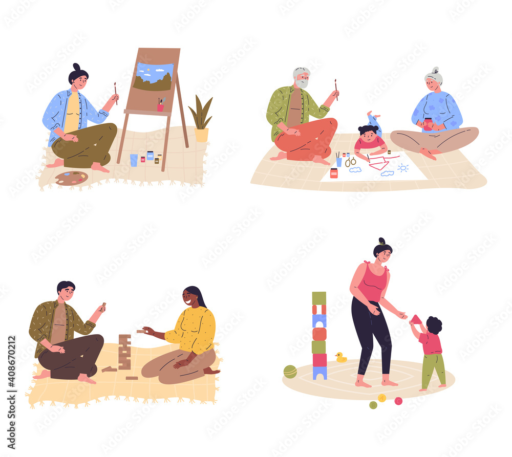 Set of family home activities. Happy parents and children playing games ...
