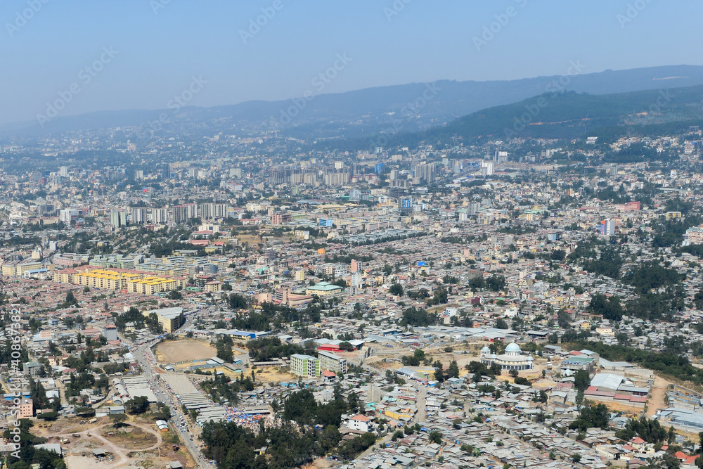 Aerial overview of Addis Abeba city, the capital of Ethiopia. Multiple ...