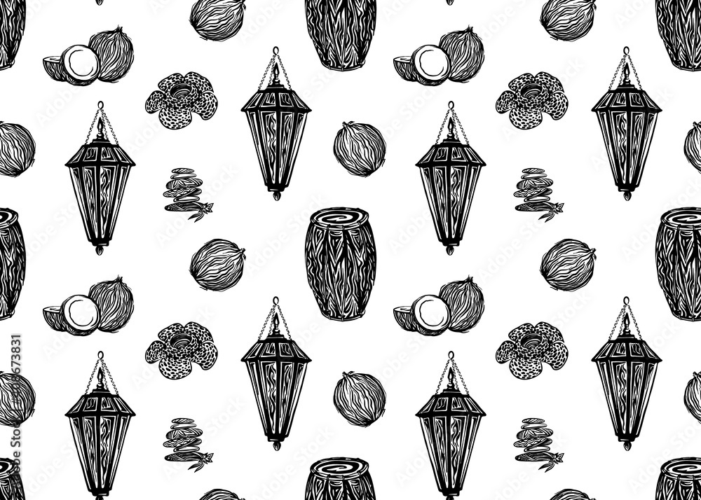 Seamless outline sketch indonesian pattern of coconut, lantern ...