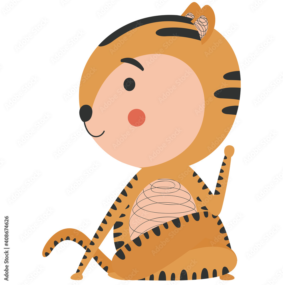 Cartoon tiger yogi sitting in half lord of fish pose with half twist of ...