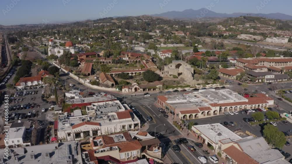 Daytime aerial view of the Spanish Colonial era mission and surrounding ...