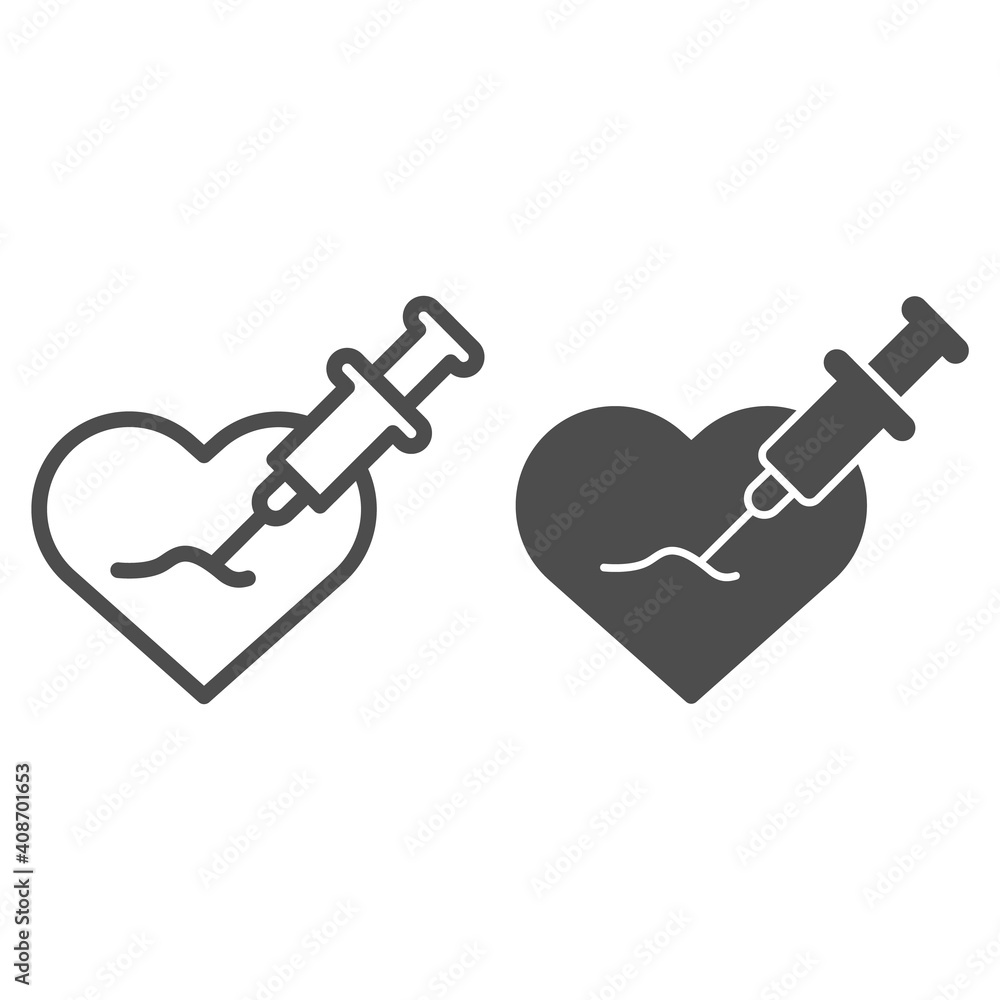 Heart injected with syringe line and solid icon, injections concept ...