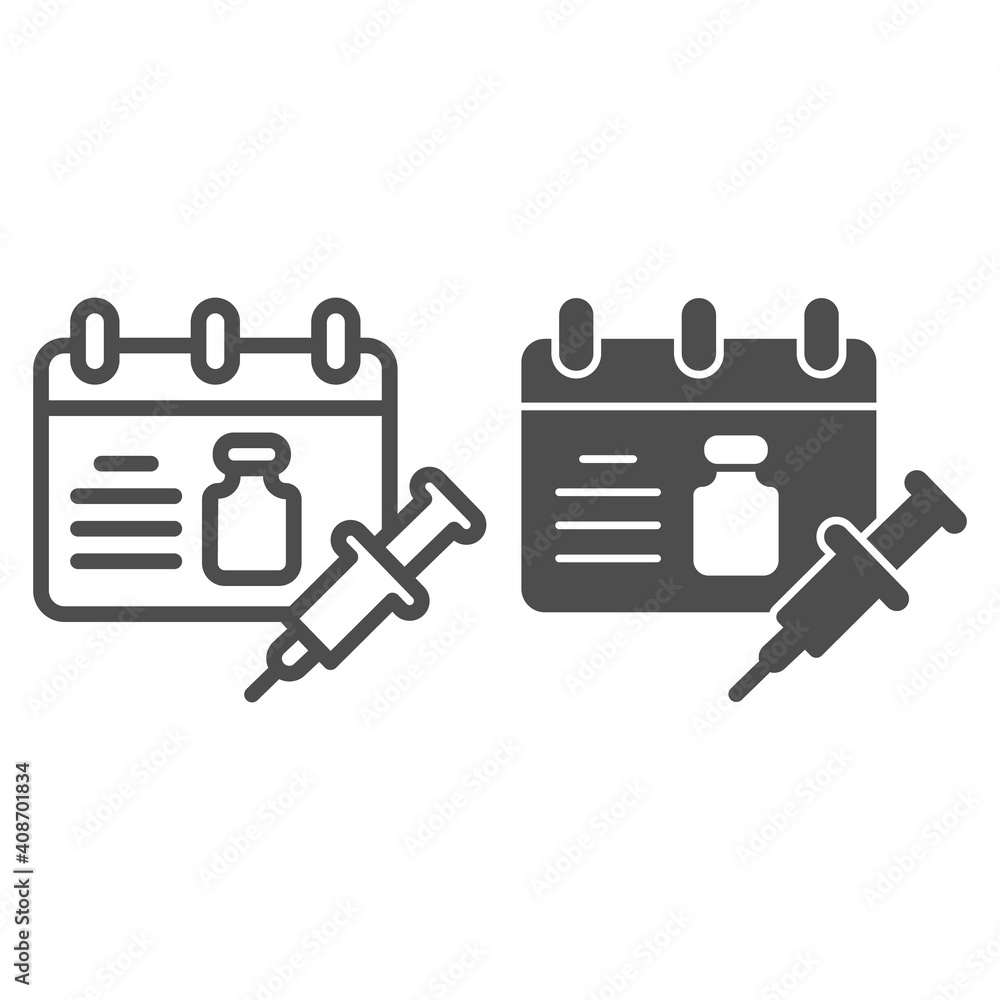 Vaccination calendar and syringe line and solid icon, injections ...