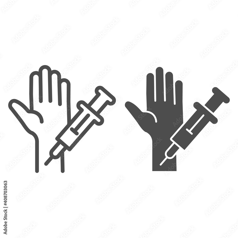 Injection with syringe in hand line and solid icon, injections concept ...