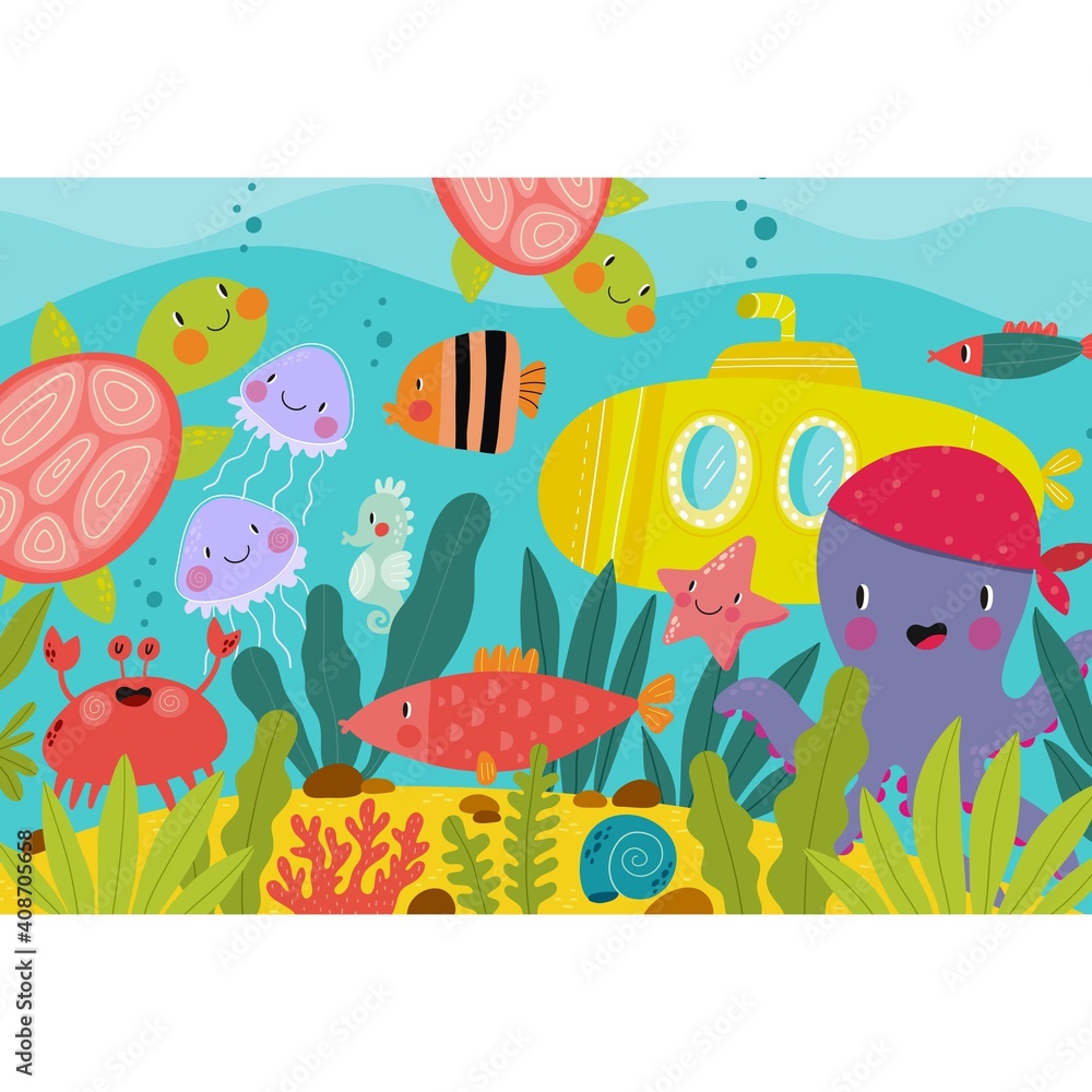 Cute cartoon vector illustration - Sea life. Exploring the underwater ...